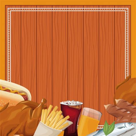 나무 배경 위에 패스트 푸드 프레임 프리미엄 벡터