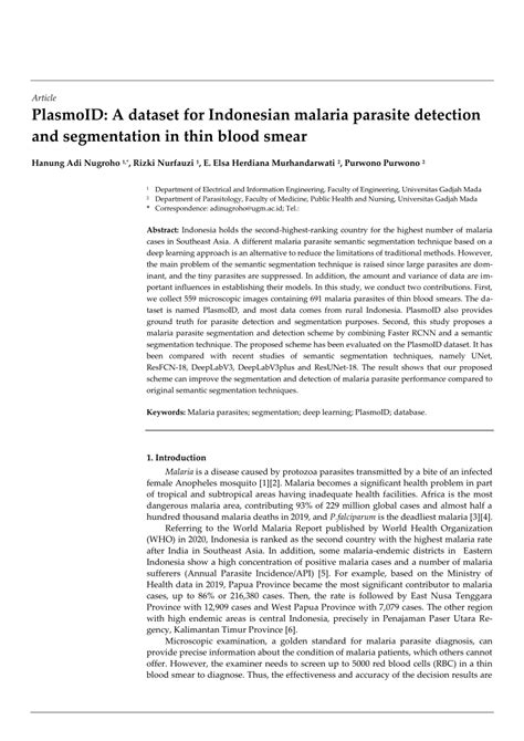 Pdf Plasmoid A Dataset For Indonesian Malaria Parasite Detection And Segmentation In Thin