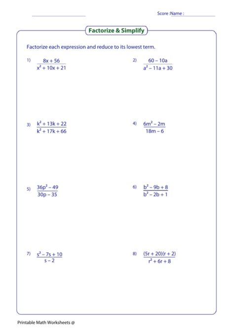 Factorize And Simplify Worksheet Printable Pdf Download Factorize And Simplify Worksheet Printable Pdf Download