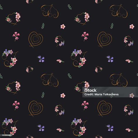 수채화 물감 없는 낭만적인 패턴의 미나리 아재비과 황금 하트 검은 배경에 고립된 식물들 방 장식 인쇄 포스터 벽지 포장 스크랩북 디자인을 위한 꽃 그림 0명에 대한 스톡