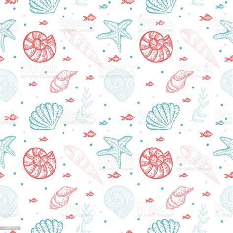매끄러운 패턴 스케치 스타일로 손으로 그린 바다 생물 조개와 해초 파스텔 팔레트 흰색 배경 격리 여름 대양 평면 디자인 벡터 일러스트레이션 Central London에 대한