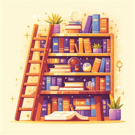 Contemporary Bookshelf With Ladder Premium Ai Generated Vector