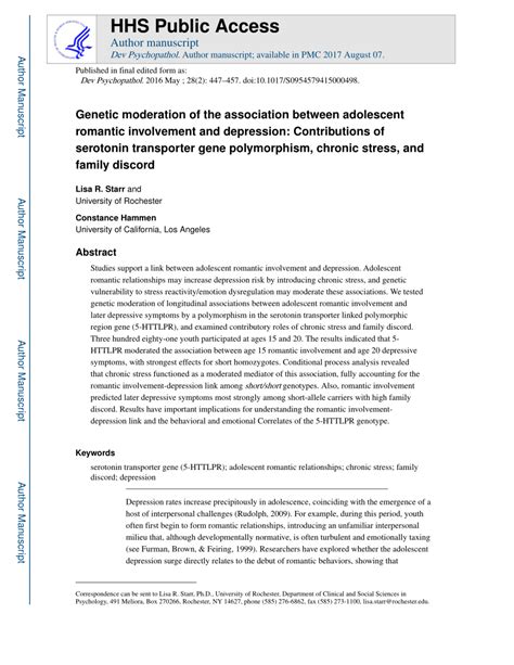 Pdf Genetic Moderation Of The Association Between Adolescent Romantic