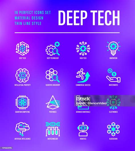 깊은 기술 얇은 선 아이콘 세트 Ai 혁신 지적 재산 과학적 발견 투자 양자 컴퓨팅 포토닉스 블록 체인 로봇 공학의 상징 벡터