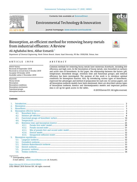 Beni Ali 2020 Biosorption An Efficient Method For Removing Heavy Metals Pdf Chemistry