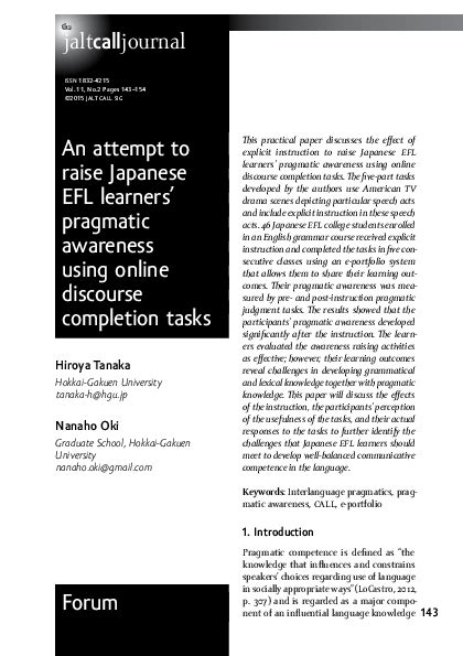 Pdf An Attempt To Raise Japanese Efl Learners Pragmatic Awareness Using Online Discourse