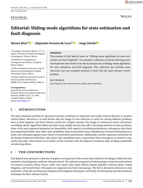 Pdf Editorial Sliding‐mode Algorithms For State Estimation And Fault Diagnosis