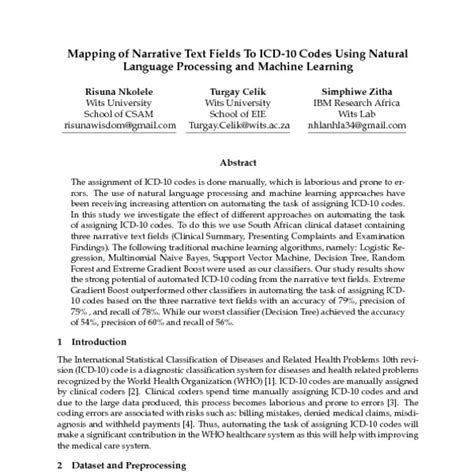 mapping of narrative text fields to icd 10 codes using natural language