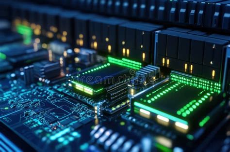 Close Up View Of Circuit Board With Glowing Components In High Tech