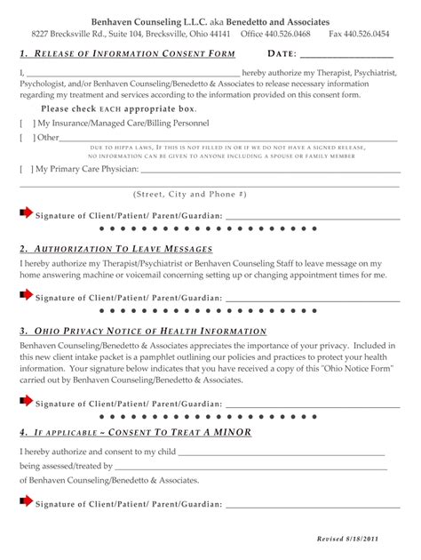 Fillable Online New Client Consent Form Benhaven Counseling Fax Email