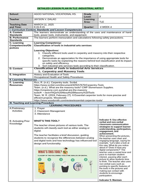 Tle 7 Week 4 Classification Of Carpentry And Masonry Tools Dlp Pdf