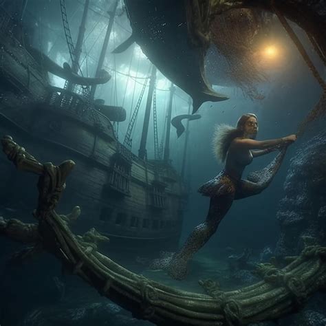Premium Ai Image Mermaids Swim Underneath A Pirate Ship Plotting