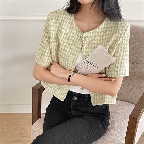 여름 트위드 자켓 [tjk0307] 센지아 크롭 트위드 반팔 자켓 여름트위드 여름하객룩 반팔자켓 노카라자켓 체크자켓