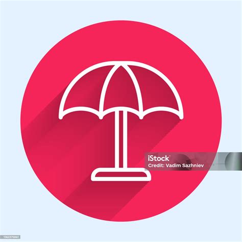 긴 그림자로 고립 된 해변 아이콘을위한 화이트 라인 태양 보호 우산 야외 공간을위한 큰 파라솔 해변 우산 빨간색 원 버튼입니다 벡터 0명에 대한 스톡 벡터 아트 및 기타