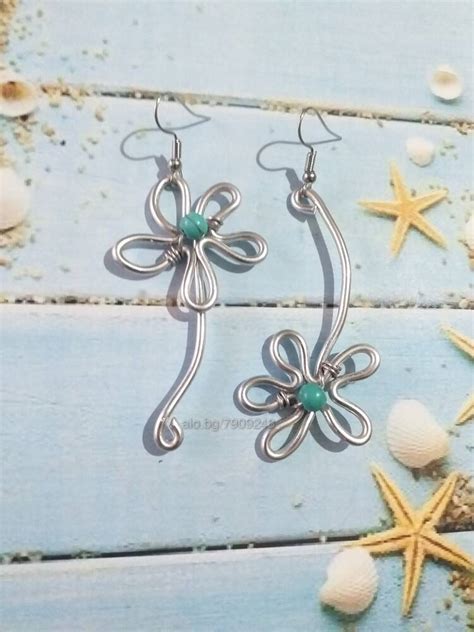 Асиметрични Арт обици Цвете с Тюркоаз Дамско бижу Полускъпоценни камъни Бижута София К