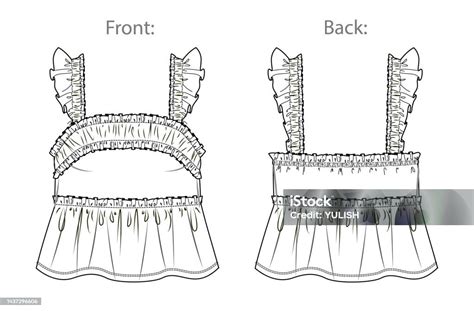 주름 패션 Cad와 벡터 민소매 상단 프릴과 어깨 스트랩 기술 도면 템플릿 스케치 플랫과 여성 탱크 탑 저지 또는 짠 직물 상단 전면 후면보기 흰색 색상 0명에 대한 스톡