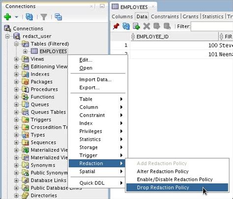 Managing Database Redaction Using Oracle Sql Developer