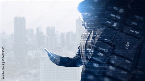 The Double Exposure Image Of The Businessman Using A Smartphone Overlay With Source Code And