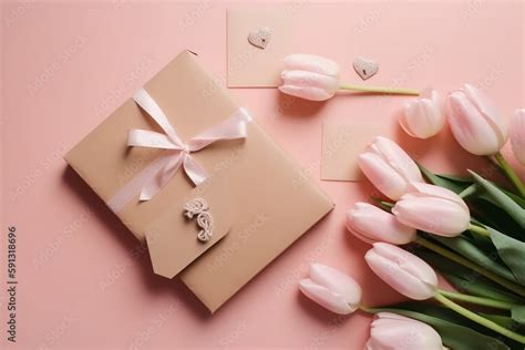 파스텔 핑크 바탕에 편지와 작은 하트가 있는 리본 핑크와 흰색 튤립 봉투가 있는 선물 상자 배경 인공지능 생성 Иллюстрация Stock Adobe Stock