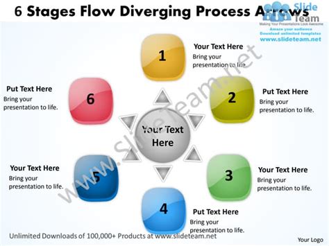 6 stages flow diverging process arrows circular layout diagram power