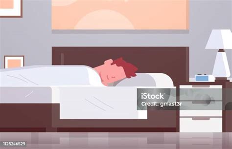 사람이 침대에서 자 고 아침 침실 현대 아파트 인테리어 남성 만화 캐릭터 평면 수평 근접 촬영에서 퀼트 게으른 남자 수 면으로 덮여 가구에 대한 스톡 벡터 아트 및 기타