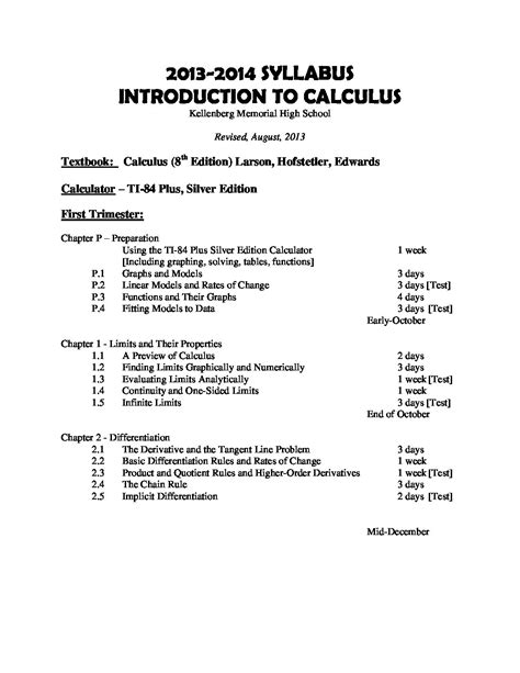 Calculus Syllabus Kellenberg Memorial High School