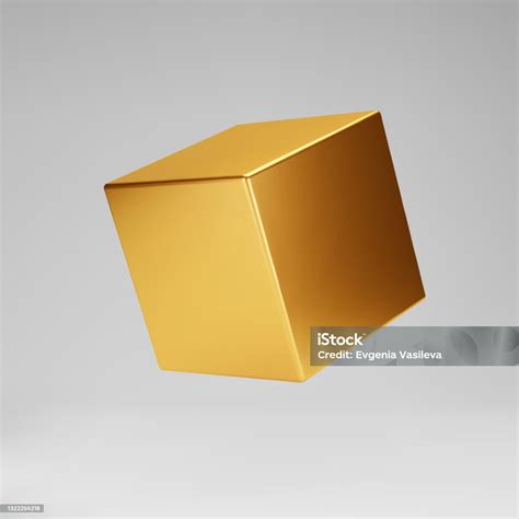 회색 배경에 격리 된 3d 골드 금속 큐브 조명과 그림자가 있는 원근면에서 회전하는 광택 있는 골든 3d 박스 모델을 렌더링합니다 사실적인 벡터 기하학적 형상 3차원 형태에