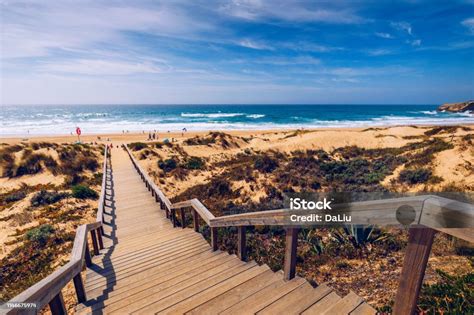 포르투갈의 서쪽 해안선에 있는 몬테 클레 리고 해변의 전망 알가 르 베 알 제주 르 코스타 비 센 티 나 포르투갈 유럽 근처 해변 프라이아 몬테 클레 리고 계단 0명에 대한