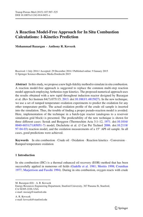 Pdf A Reaction Model Free Approach For In Situ Combustion