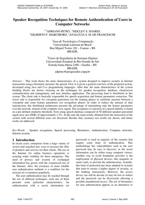 Pdf Speaker Recognition Techniques For Remote Authentication Of Users In Computer Networks