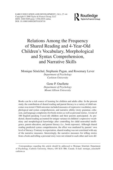 Pdf Relations Among The Frequency Of Shared Reading And 4yearold