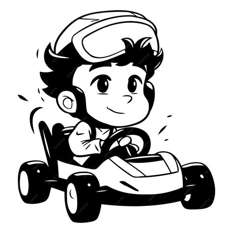 잔디기 를 운전 하는 귀여운 소년 터 만화 일러스트레이션 프리미엄 벡터