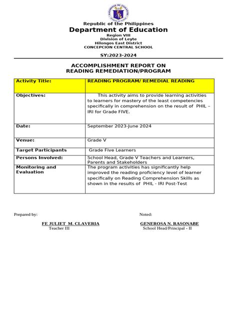 Accomplishment And Narrative Report Reading Program Pdf Reading Comprehension Learning