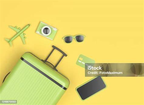 선글라스 카메라 스마트폰 신용 카드 노란색 배경에 작은 비행기가 있는 플랫 레이 그린 가방 3d 렌더링 신용 카드에 대한 스톡 사진 및 기타 이미지 Istock