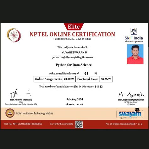 Yuvaneswaran M On Linkedin Nptel Iitmadras Pythonfordatascience Eliteachievement