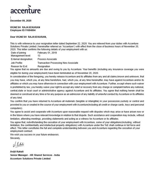 Accenture Relieving Exit Vignesh Rajasekaran