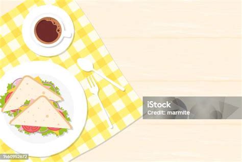 삼각형 샌드위치와 커피가 있는 벡터 배경은 배너 카드 전단지 소셜 미디어 월페이퍼 등을 위한 테이블에 있습니다 샌드위치 음식에