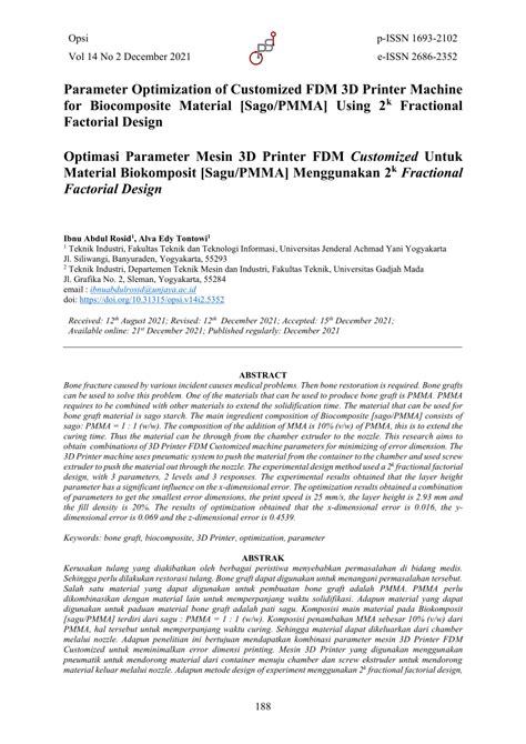 pdf parameter optimization of customized fdm 3d printer machine for biocomposite material