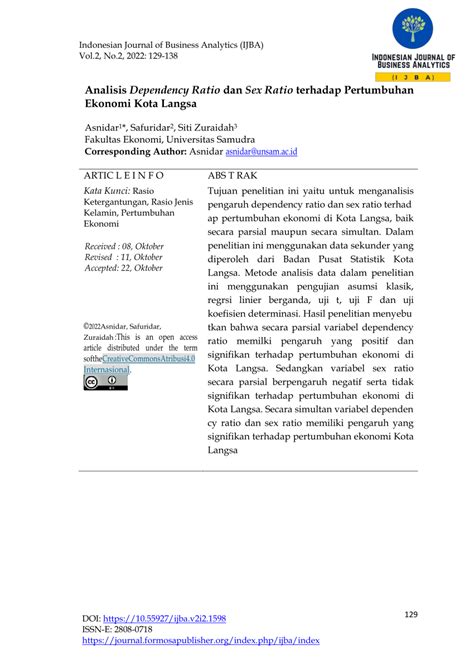Pdf Analisis Dependency Ratio Dan Sex Ratio Terhadap Pertumbuhan Ekonomi Kota Langsa
