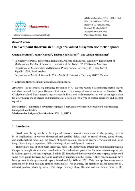 PDF On Fixed Point Theorems In C Algebra Valued B Asymmetric Metric Spaces