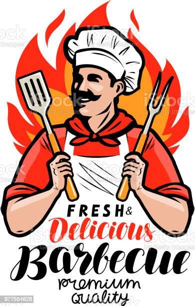 레이블 또는 레이블 바베 큐 쿡 또는 포크와 그릴 도구 주걱을 들고 행복 한 쿡 레터링 벡터 일러스트 레이 션 굽기에 대한 스톡 벡터 아트 및 기타 이미지 Istock