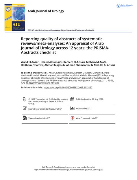 Pdf Reporting Quality Of Abstracts Of Systematic Reviews Meta Analyses An Appraisal Of Arab