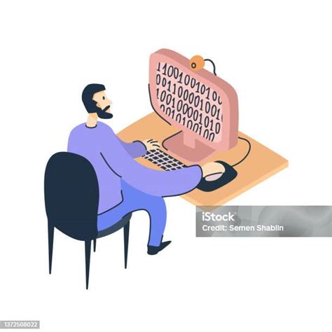 Seorang Programmer Menulis Kode Di Komputer Desktop Kode Biner Pada Monitor Ilustrasi Stok