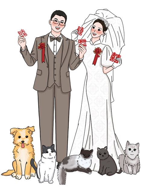 红色背景双喜猫猫狗狗白色婚纱照情侣简笔画