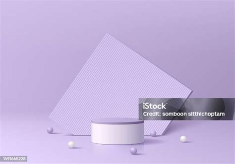 기하학적 사각형 배경이 있는 사실적인 3d 보라색과 흰색 실린더 받침대 연단 배경 벽 최소 장면 모형 제품 무대 진열장 배너