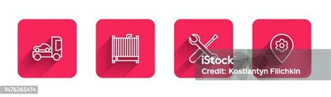 세트 라인 자동차 운송 트럭 라디에이터 냉각 시스템 스크루 드라이버 및 렌치 스패너 및 긴 그림자가있는 자동차 서비스가있는 위치 빨간색 사각형 버튼 벡터 교통수단에 대한