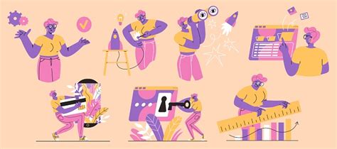 비즈니스 컨셉 일러스트레이션으로 설정합니다 비즈니스 액티비티에 참여하는 여성과의 장면 새로운 스타트업실현 정보 데이터 보호 작업 벡터 그림의 플랫 스타일입니다 온라인 쇼핑에