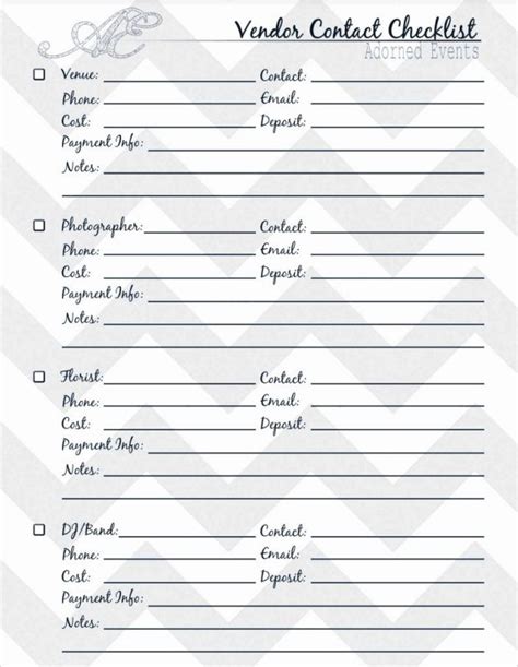 Printable Vendor List Template