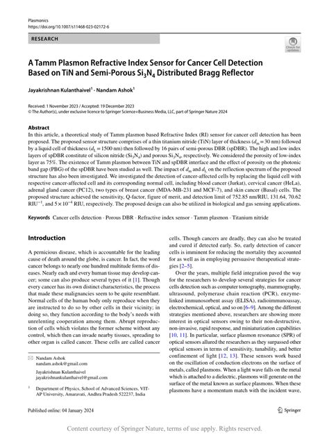 A Tamm Plasmon Refractive Index Sensor For Cancer Cell Detection Based On Tin And Semi Porous