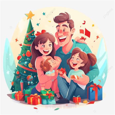 크리스마스를 축하하는 행복한 가족 크리스마스 트리 주변에서 즐거운 시간을 보내세요 삽화 가족이 함께 Png 일러스트 및 이미지 에 대한 무료 다운로드 Pngtree